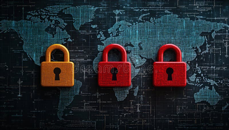 Cyber Attack Prevention. Three Locks and World Map on Background Stock ...