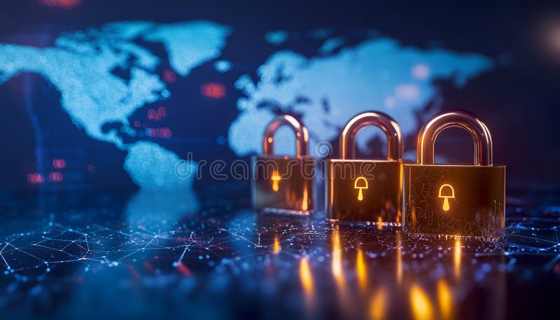 Cyber Attack Prevention. Three Locks and World Map on Background Stock ...