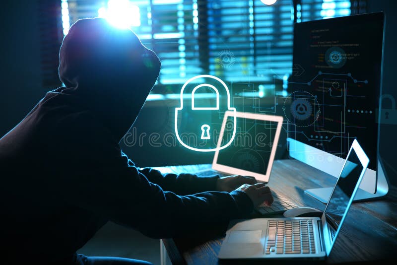 Cyber Attack Protection. Hacker with Computers. Lock Illustration Stock ...
