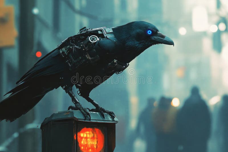 A Cyber Augmented Raven Perched on a Streetlight, Its Eyes Scanning the ...
