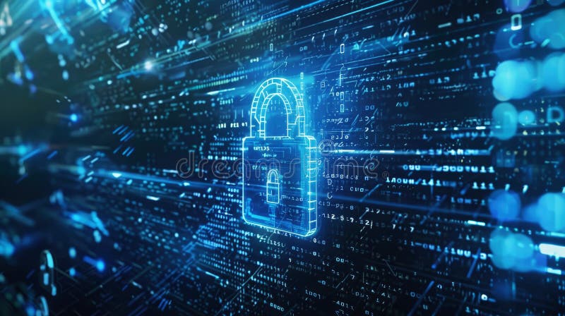 Cyber Blue Lock on Abstract Dark Data Background, Digital Protection of ...