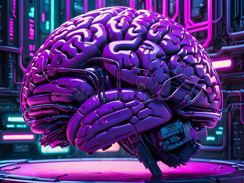 A Cyber Brain in Blue and Pink Neon Stock Illustration - Illustration ...