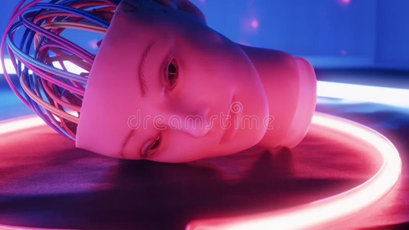 Cyber Brain Cables, Sad Artificial Robot Face with a Human Appearance ...