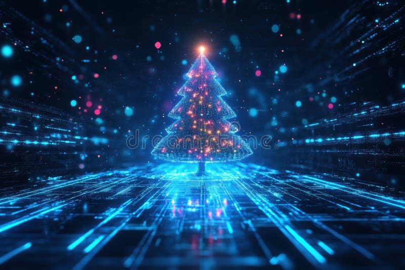 Cyber Christmas Design, Modern Christmas Banner with a Glowing Digital ...