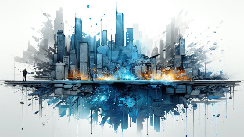 Cyber City Landscape Abstract Tech Painting Background Stock ...