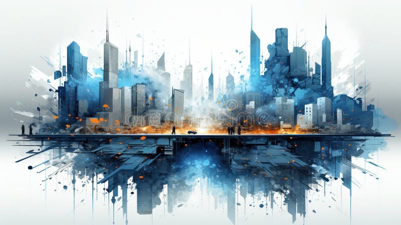 Cyber City Landscape Abstract Tech Painting Background Stock ...