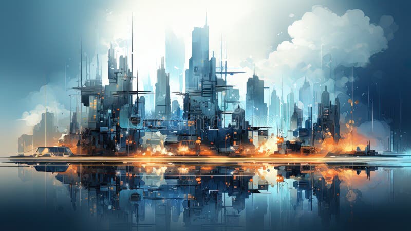 Cyber City Landscape Abstract Tech Painting Background Stock ...