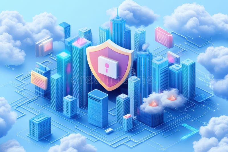 Cyber City Security Shield Protecting Cloud Data Network Isolated on White Background Stock ...