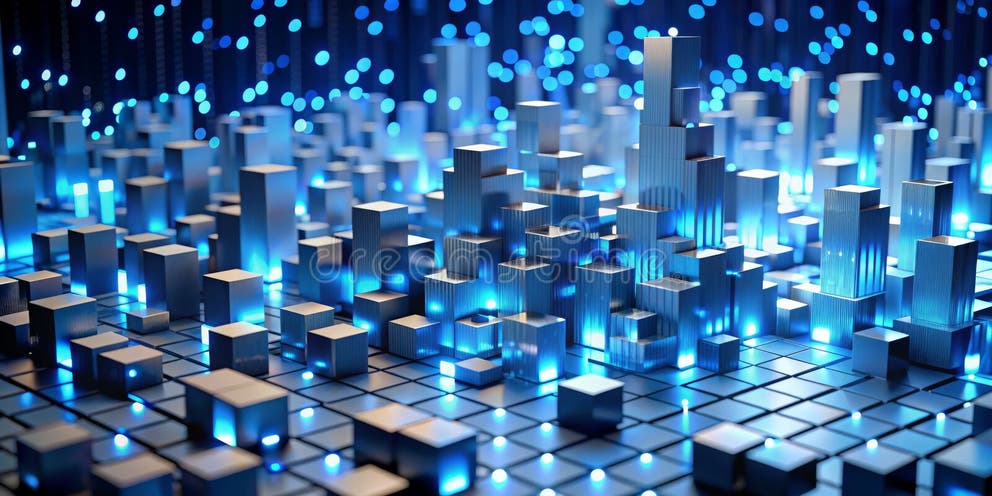 Cyber Cityscape 3D Rendered Abstract Blue and Silver Cubes with Glowing ...