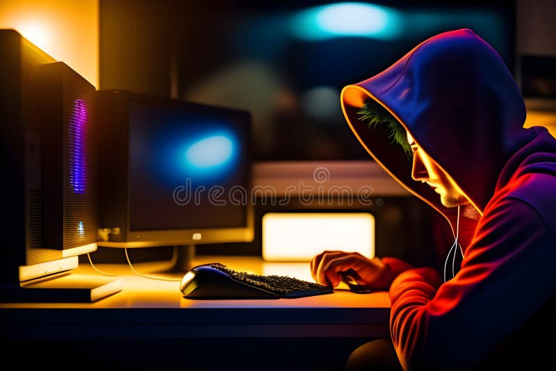 The Cyber Crime Hacker on the Computer System in the Dark Room. Stock ...