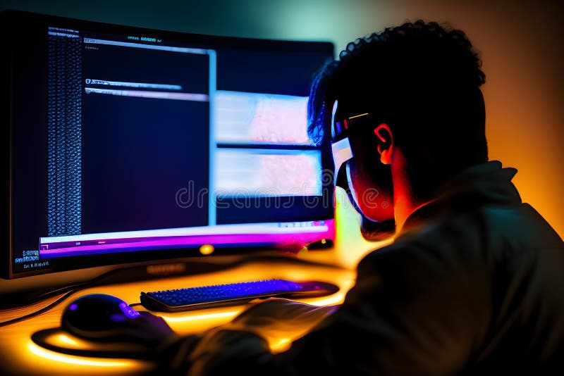 The Cyber Crime Hacker on the Computer System in the Dark Room. Stock ...