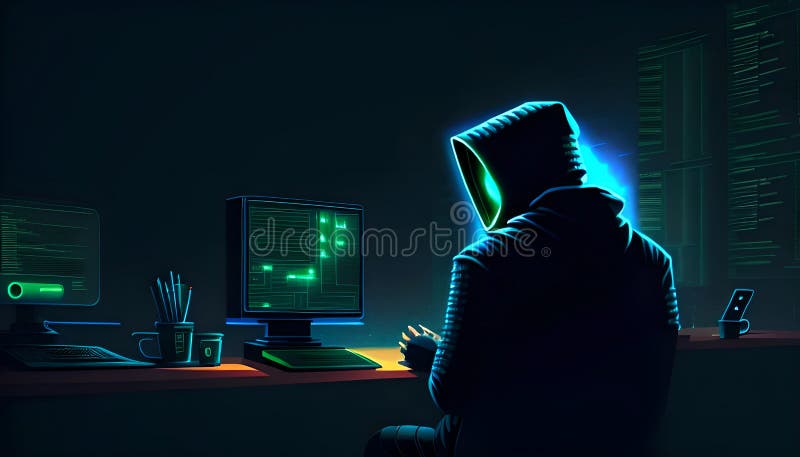 The Cyber Crime Hacker on the Computer System in the Dark Room. Stock ...