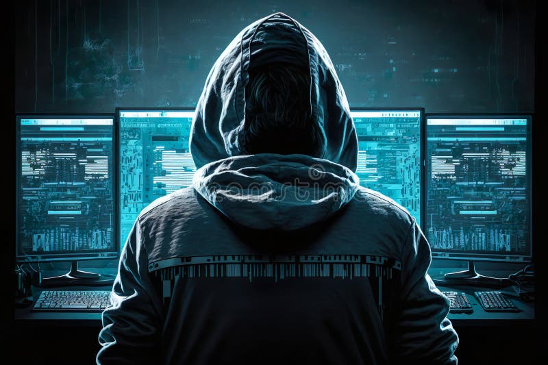 Cyber Criminal Hacking System, Hacker at Monitors Back View ... Cyber Criminal Hacking System, Hacker at Monitors Back View ...