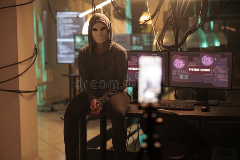 Cyber Criminal in Mask Hacking Password, Breaking Computer System Stock ...