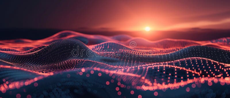 Cyber Data Landscape at Sunset, Abstract Technology Background, Wavy ...
