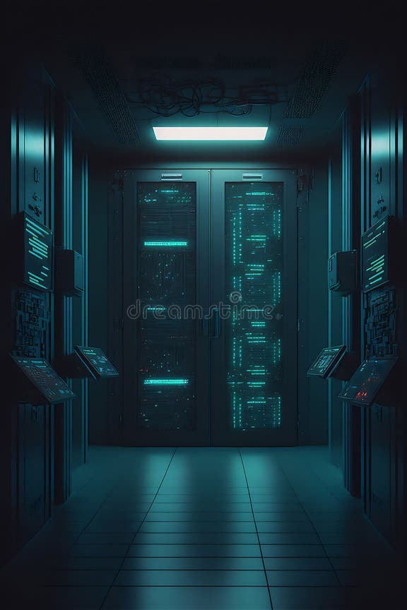 Cyber Data Server Racks Room with Big Data Computer Center. Blue ...