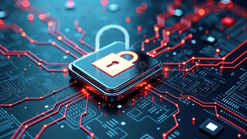 Cyber Defense: Glowing Padlock on a Multi-Layered Circuit Board with ...