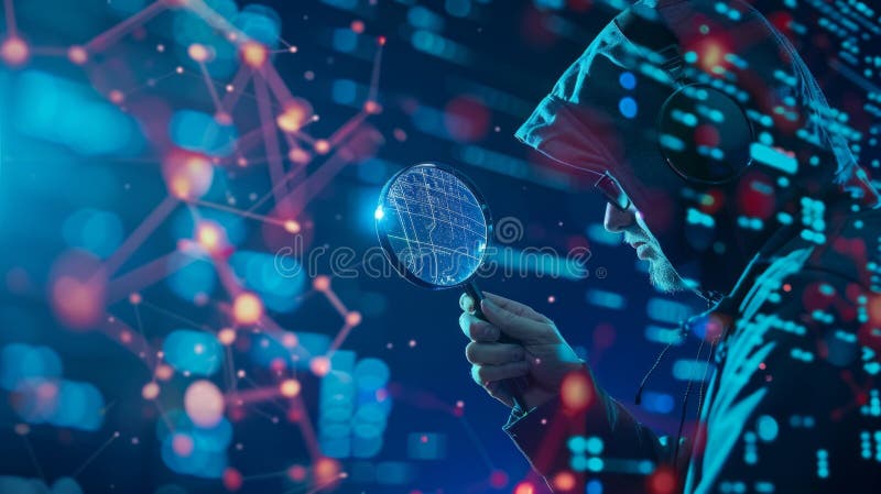 Cyber Detective Analyzing Data with Magnifying Glass Stock Image ...