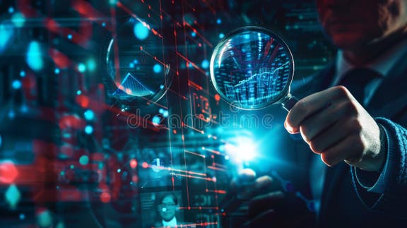 Cyber Detective Analyzing Data with Magnifying Glass Stock Photo ...