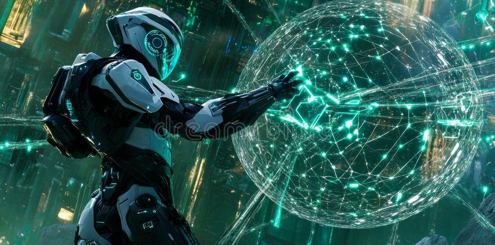 Cyber Digital World with an Android Robot Pointing at a Computer Coding AI Chatbot, Set Against ...