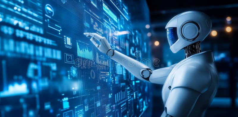A Cyber Digital World with Android Robots Pointing Fingers, Computer Coding, AI Chatbots ...