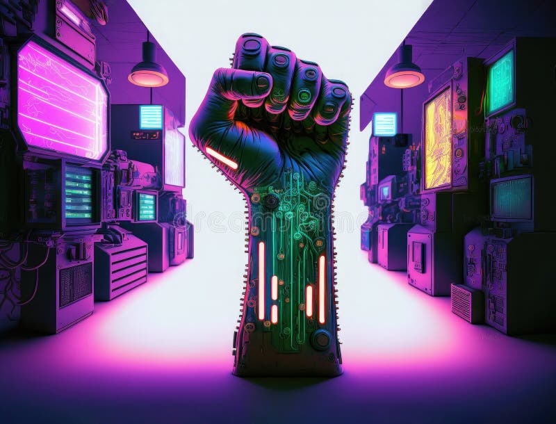 Cyber Fist Hand with Microchips and Microcircuitry on Neon Glowing Data ...