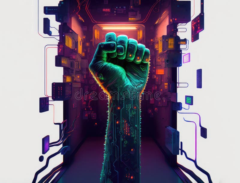 Cyber Fist Hand with Microchips and Microcircuitry on Neon Glowing Data ...