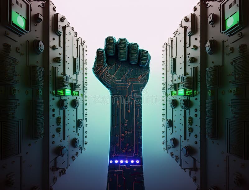 Cyber Fist Hand with Microchips and Microcircuitry on Neon Glowing Data ...