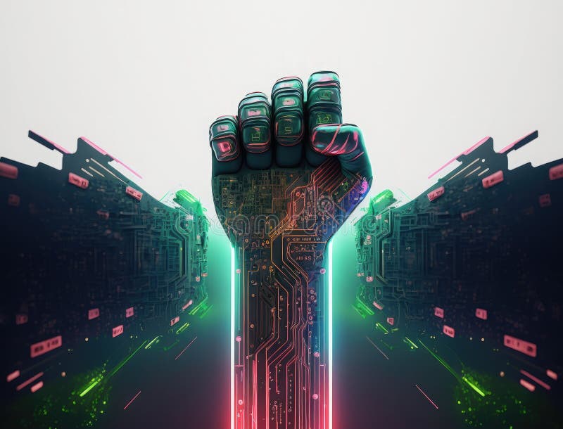 Cyber Fist Hand with Microchips and Microcircuitry on Neon Glowing Data ...