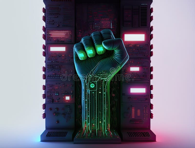 Cyber Fist Hand with Microchips and Microcircuitry on Neon Glowing Data ...