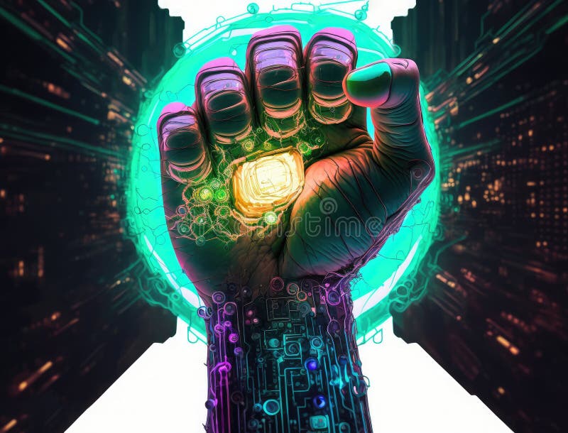 Cyber Fist Hand with Microchips and Microcircuitry on Neon Glowing Data ...