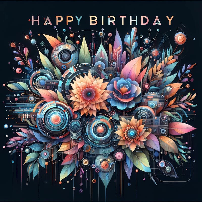 Cyber ??flower with Happy Birthday Phrase. Stock Illustration ...