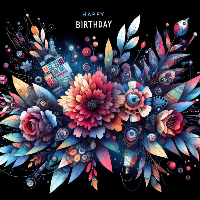 Cyber ??flower with Happy Birthday Phrase. Stock Illustration ...