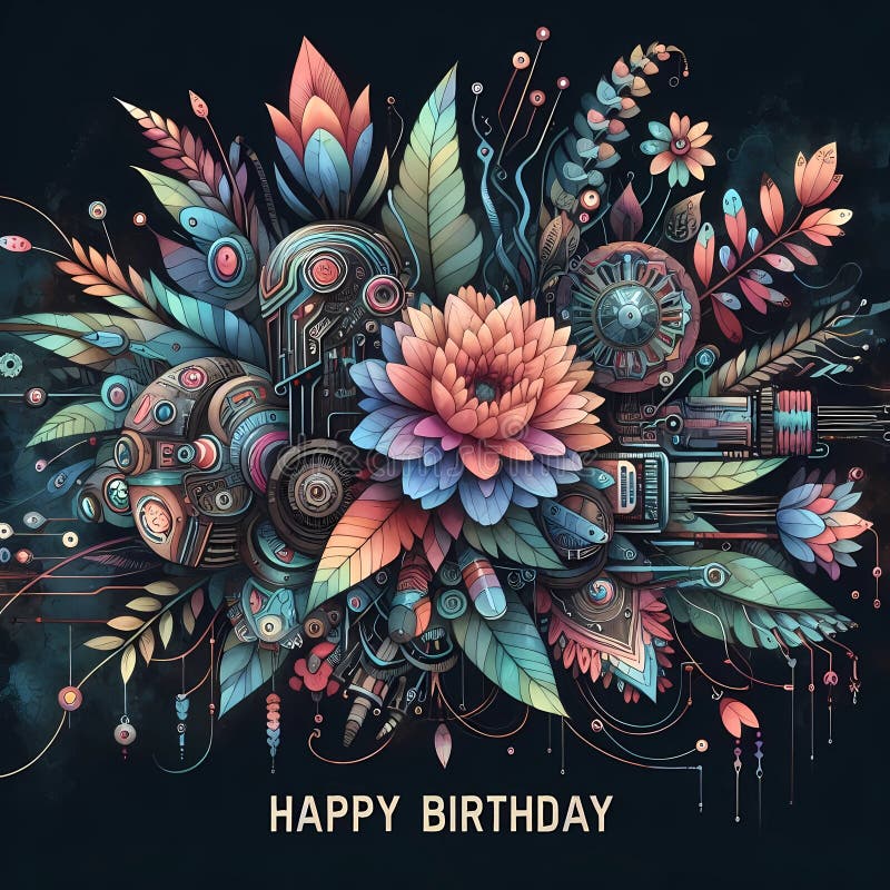 Cyber ??flower with Happy Birthday Phrase. Stock Illustration ...