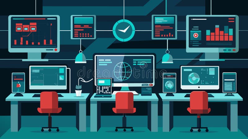 A Cyber Forensics Lab with Rows of Computers and Screens Displaying ...