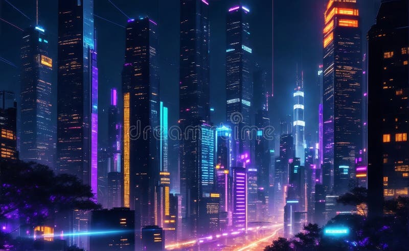 Cyber Future Cityscape at Night, Generative AI Illustration Stock ...