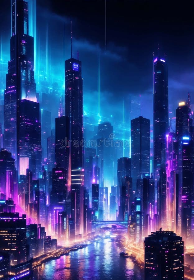Cyber Future Cityscape at Night, Generative AI Illustration Stock ...