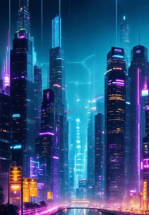 Cyber Future Cityscape at Night, Generative AI Illustration Stock ...