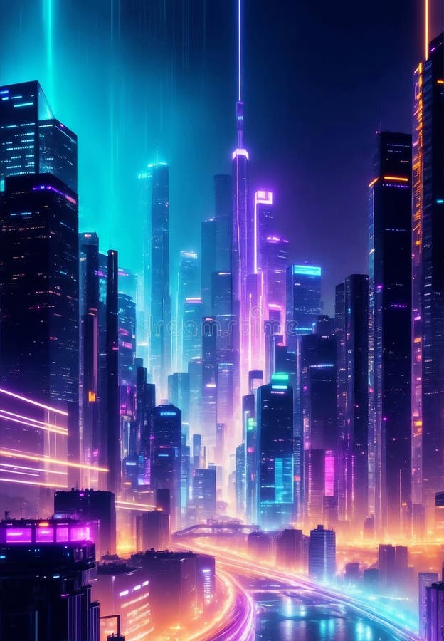 Cyber Future Cityscape at Night, Generative AI Illustration Stock ...