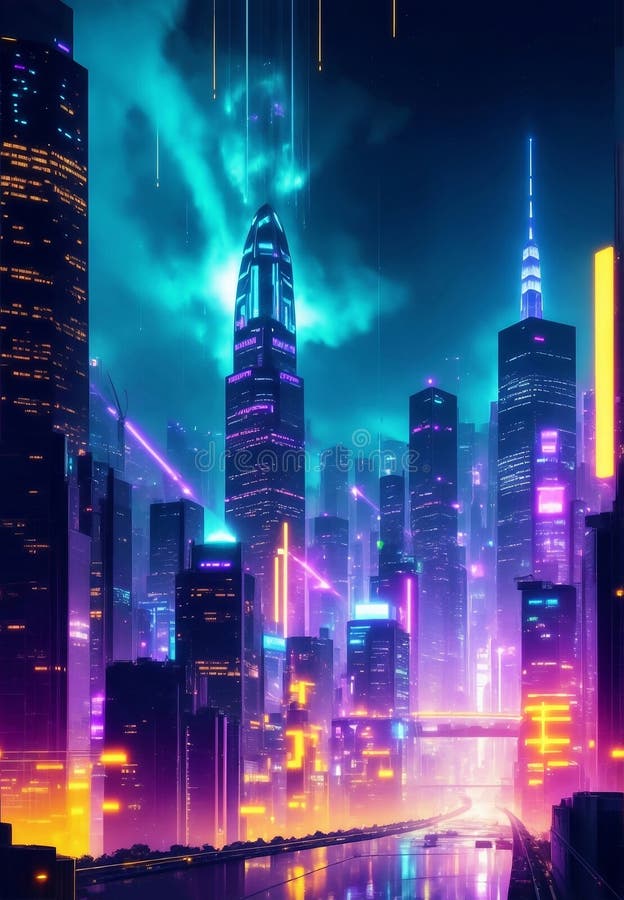 Cyber Future Cityscape at Night, Generative AI Illustration Stock ...