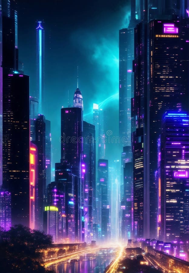 Cyber Future Cityscape at Night, Generative AI Illustration Stock ...