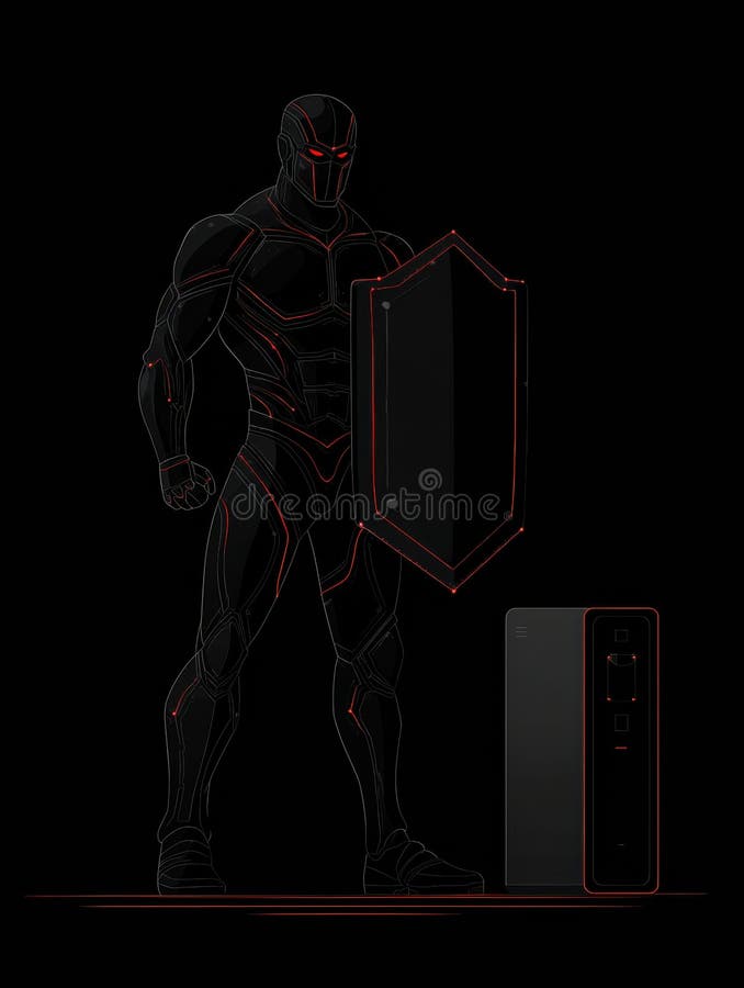 Cyber Guardian Avatar Stands Strong with Shield beside a Device in a ...