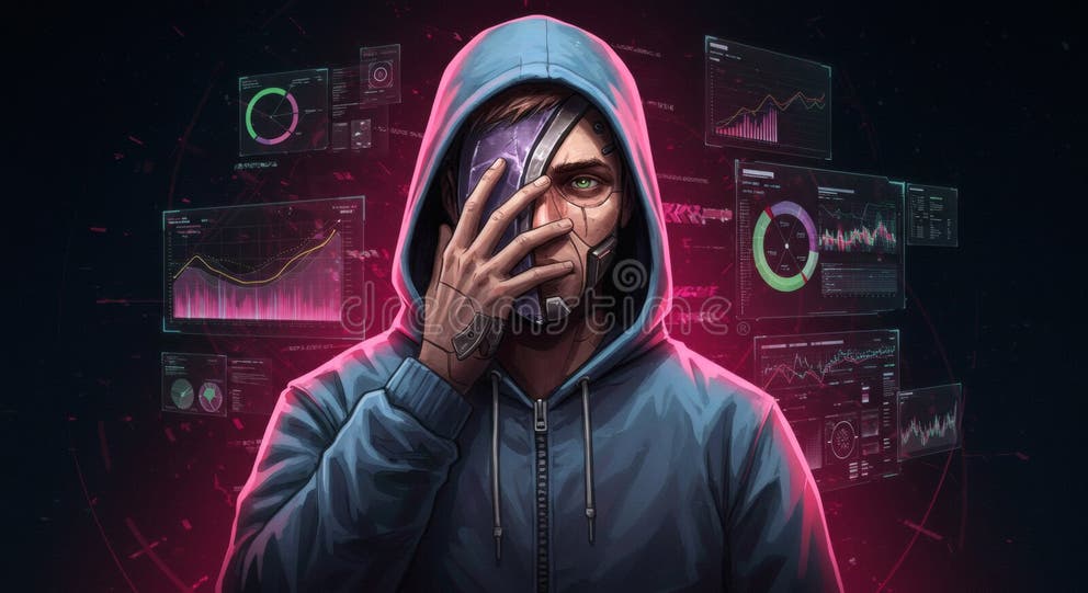 Cyber Hacker Covering Face with Data Visualization in Futuristic ...