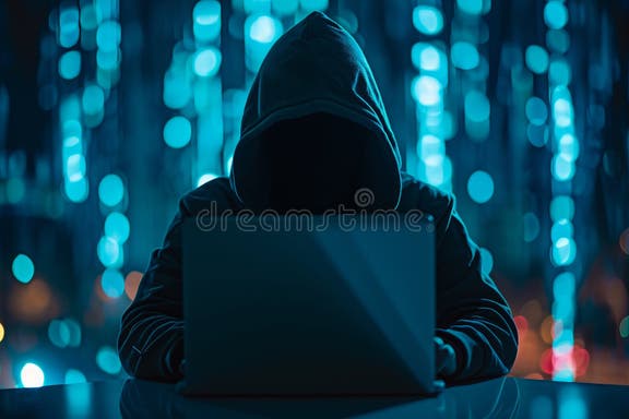 Cyber Hacker. Digital Cybersecurity Concept with Hooded Hacker and ...