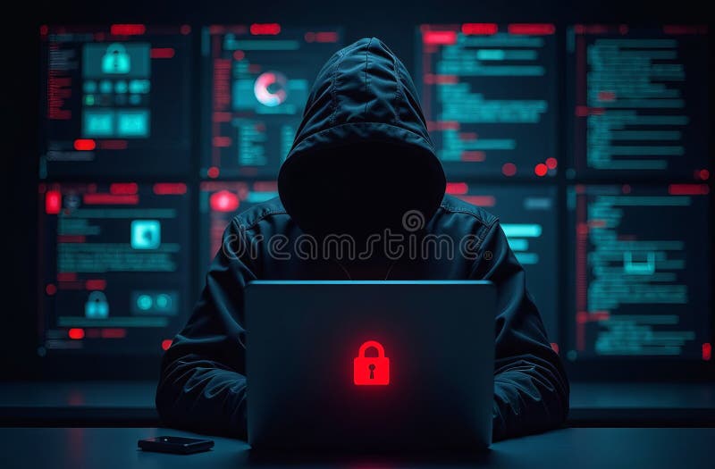 Cyber Hacker. Digital Cybersecurity Concept with Hooded Hacker and ...