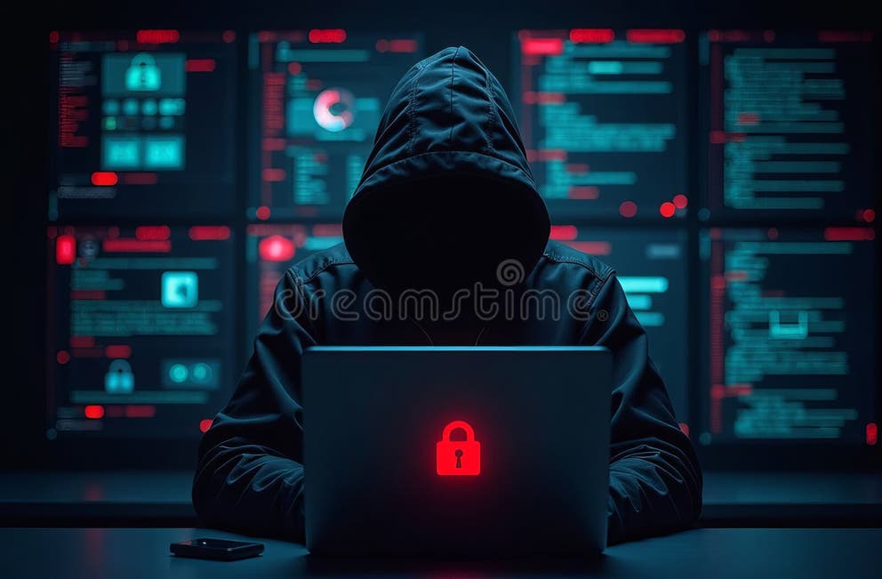 Cyber Hacker. Digital Cybersecurity Concept with Hooded Hacker and Computer Interface on Dark ...