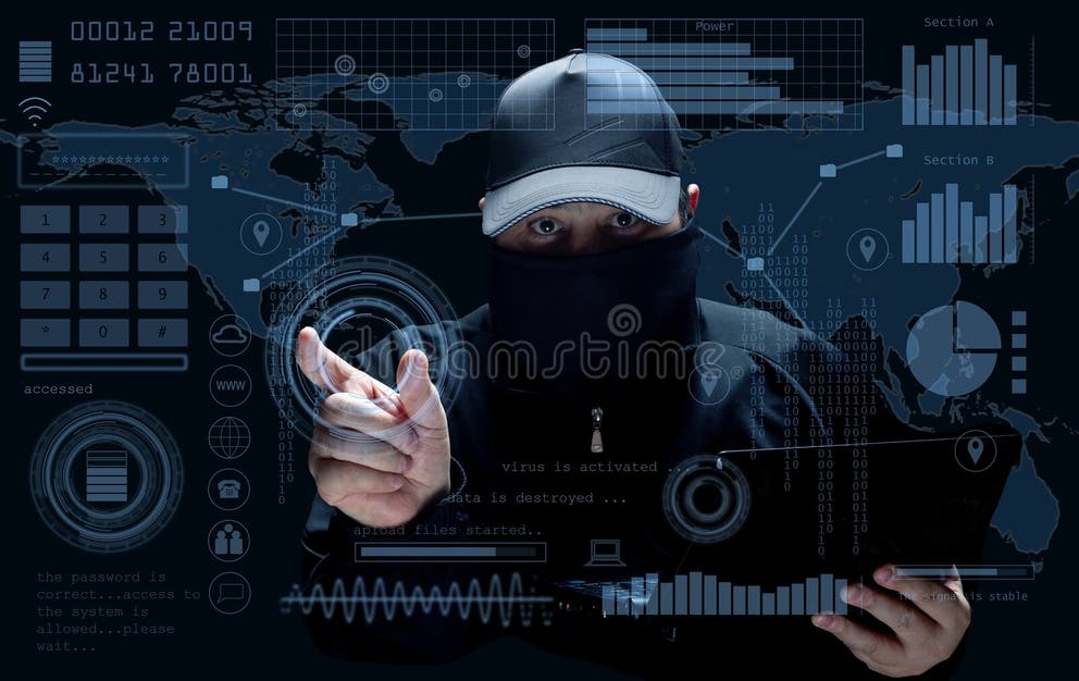 Cyber Hacker with Laptop and Digital HUD Interface Stock Image - Image ...