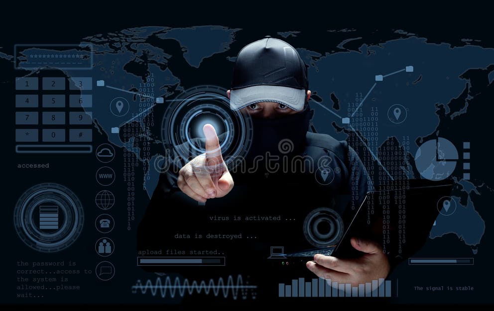 Cyber Hacker with Laptop and Digital HUD Interface Stock Image - Image ...