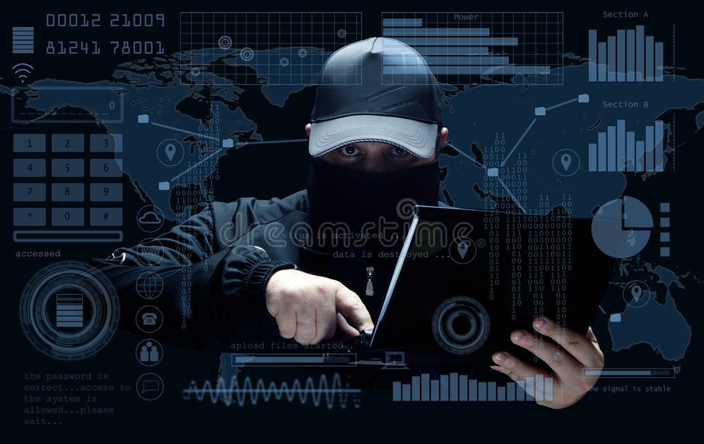 Cyber Hacker with Laptop and Digital HUD Interface Stock Photo - Image ...