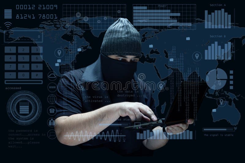 Cyber Hacker with Laptop and Digital HUD Interface Stock Image - Image ...